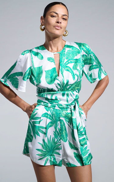 Fleur Playsuit In White Jungle Palm – Dancing Leopard